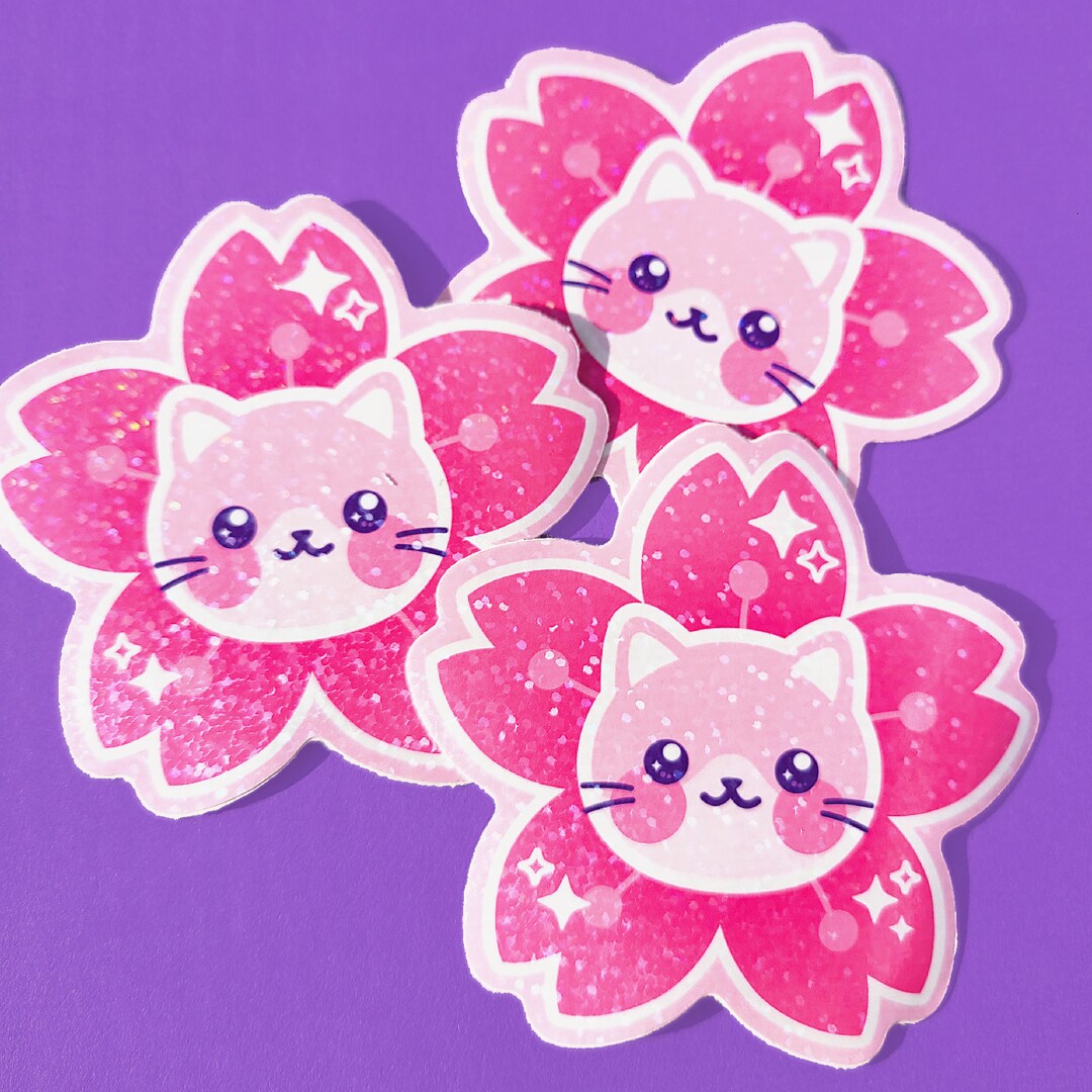 Sakura Cat Sparkle Glitter Sticker Decal - Etsy