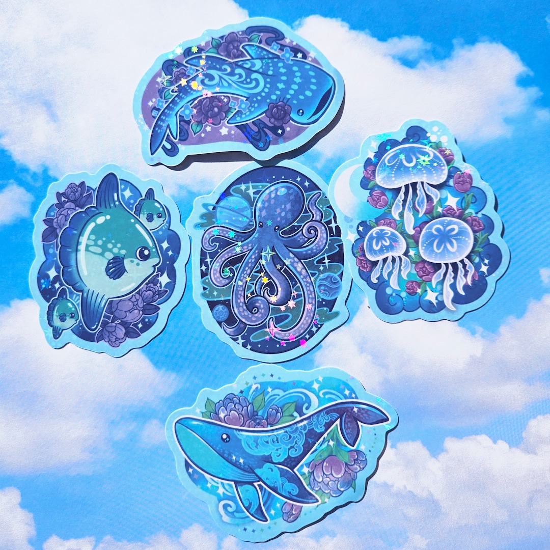 Sparkle Vinyl Octopus Whale Shark Jellyfish Decals, Blue Aesthetic ...