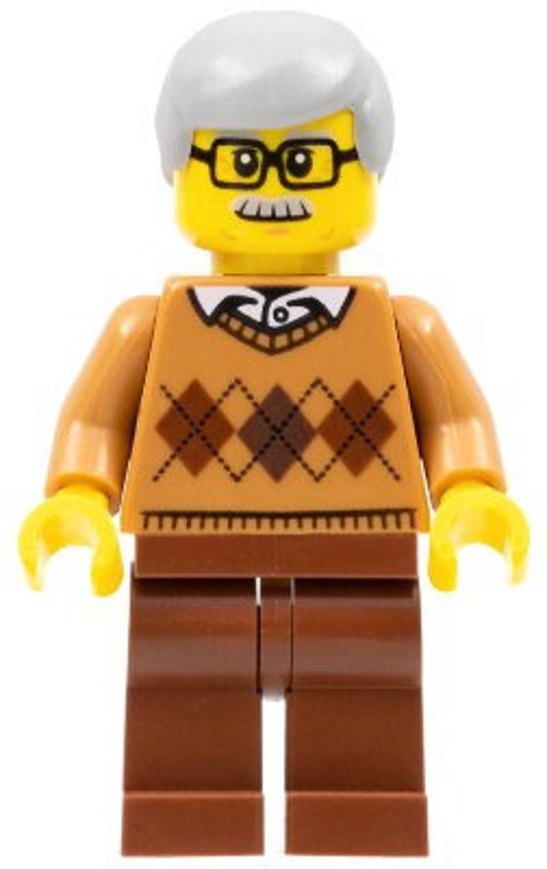 Lego MINIFIGURE Grandfather Medium Nougat Argyle Sweater, Light Bluish ...