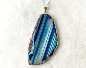 Blue Geode Necklace Agate Pendant Stone Slice Jewelry Slice Quartz ...