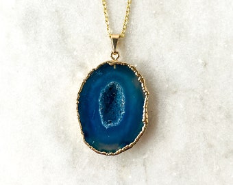 Blue Geode Necklace Agate Pendant Stone Slice Jewelry Slice Quartz ...