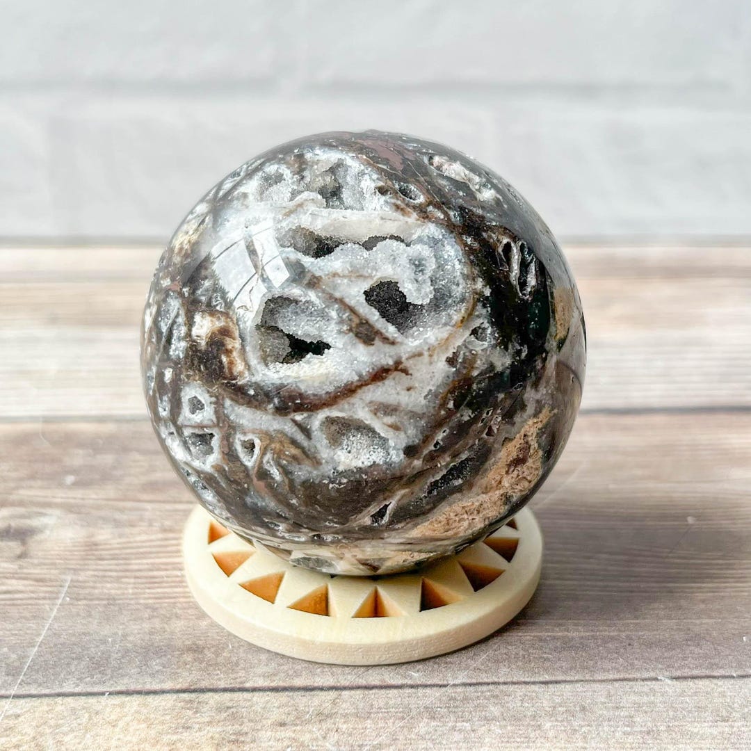 204g Black and White Quartz Geode Sphere - Agate Crystal Druzy Ball ...