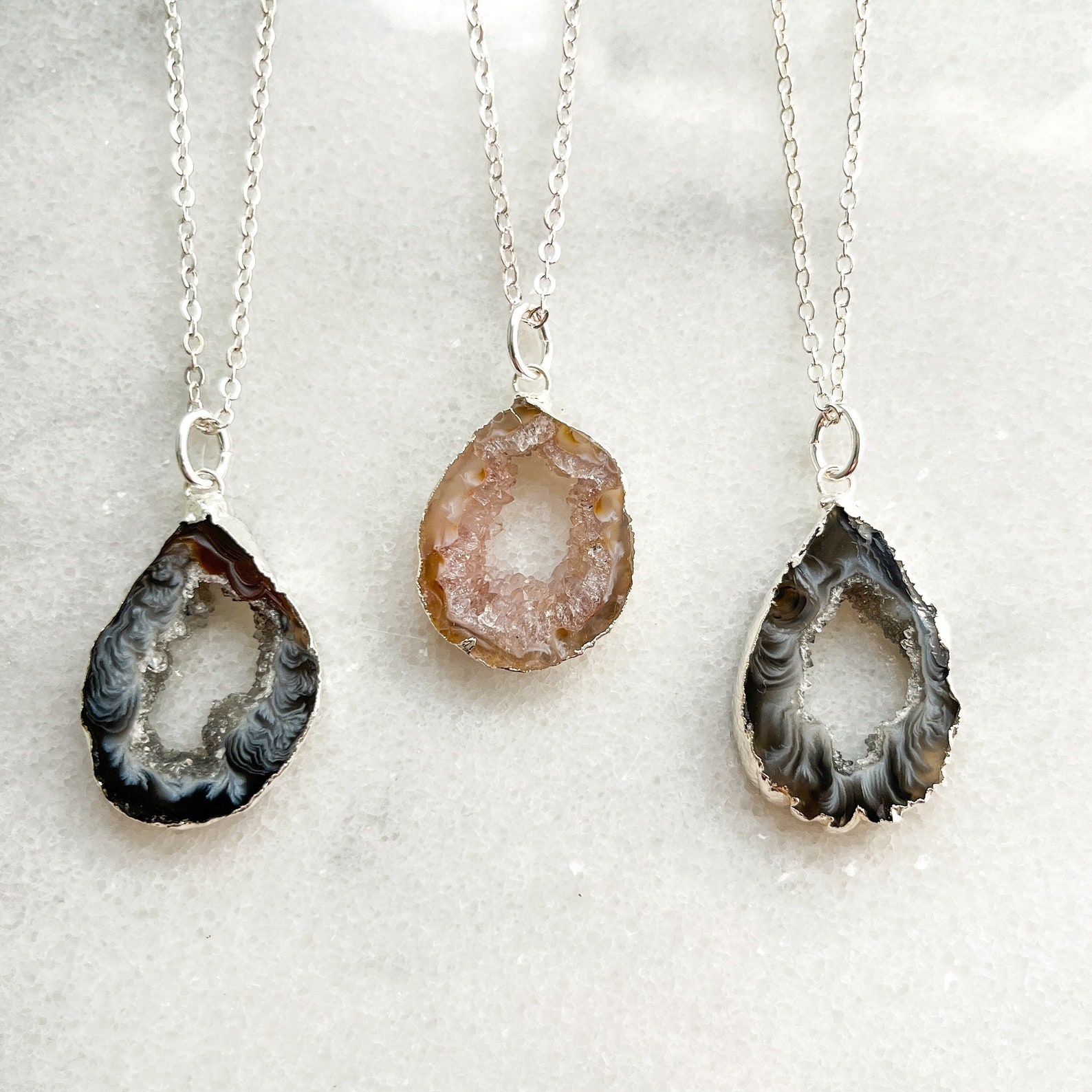 Small Silver Geode Necklace Bridesmaid Gift Druzy Slice Dainty - Etsy