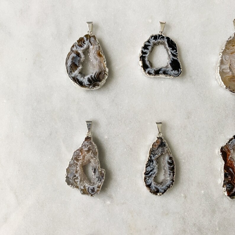 Small Silver Geode Necklace Bridesmaid Gift Druzy Slice Dainty | Etsy