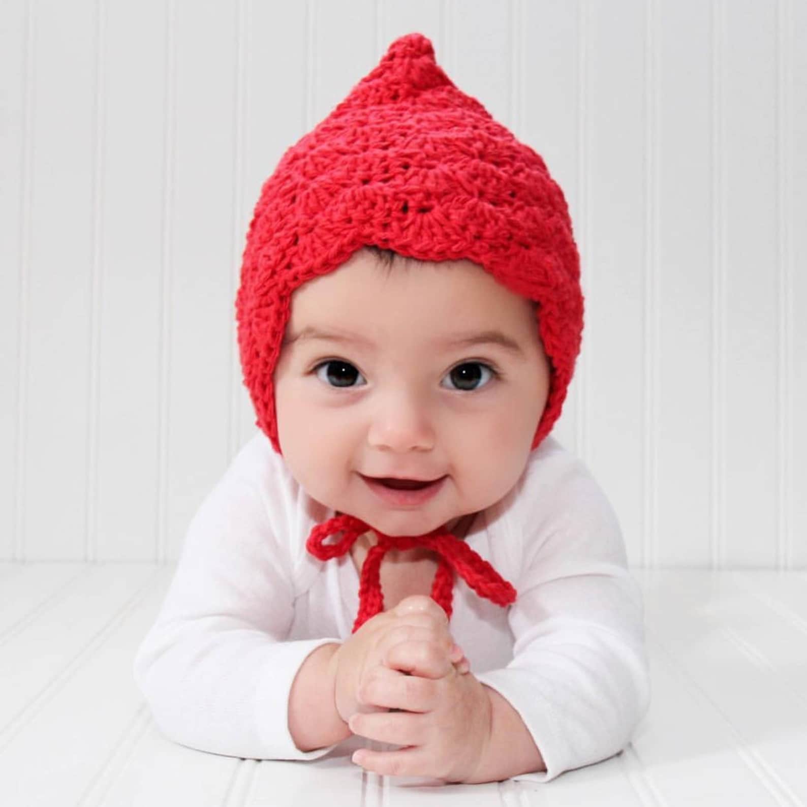 Baby Pixie Bonnet, Red Baby Hat, Crochet Baby Bonnet, Baby Pixie Hat ...