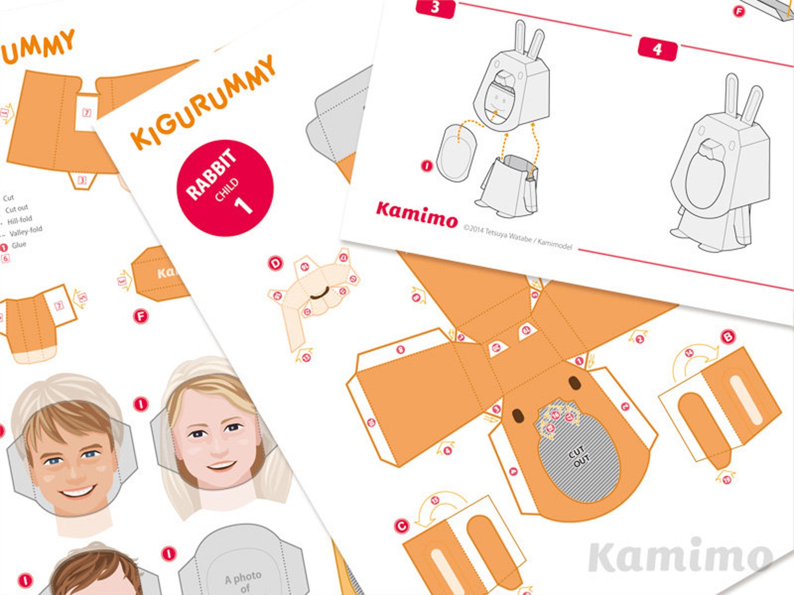 Printable Paper Craft PDF / KIGURUMMY - Rabbit Family (orange and Mint ...