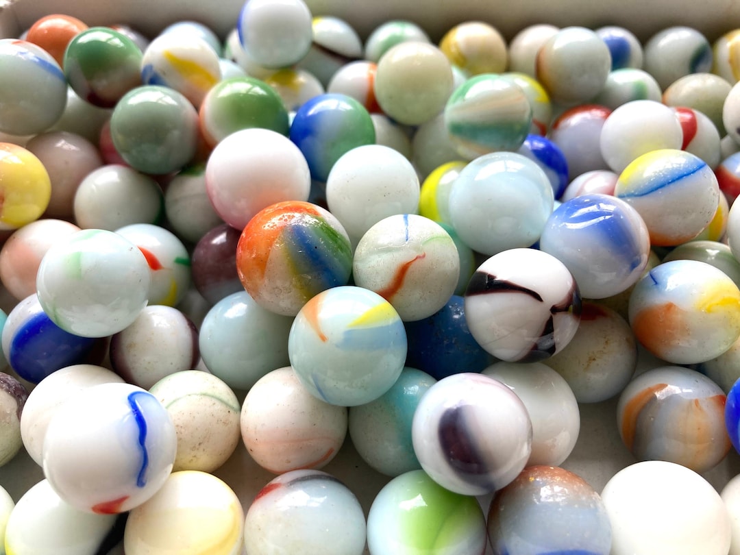 100 Vintage White Milk Glass Marbles With Colored Swirls, 0.6” Target ...