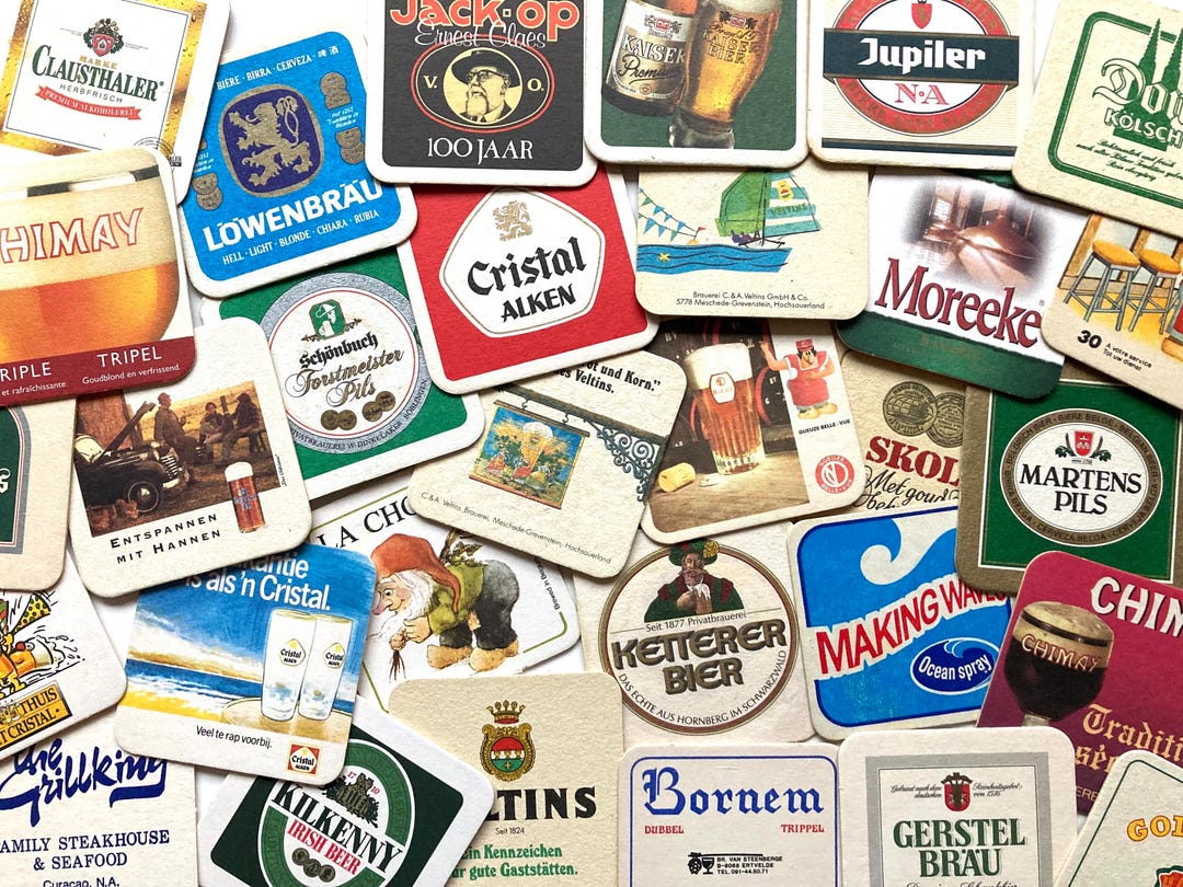 50 Vintage Beer Coasters, Square Sized Bulk Bar Coasters, Mixed ...