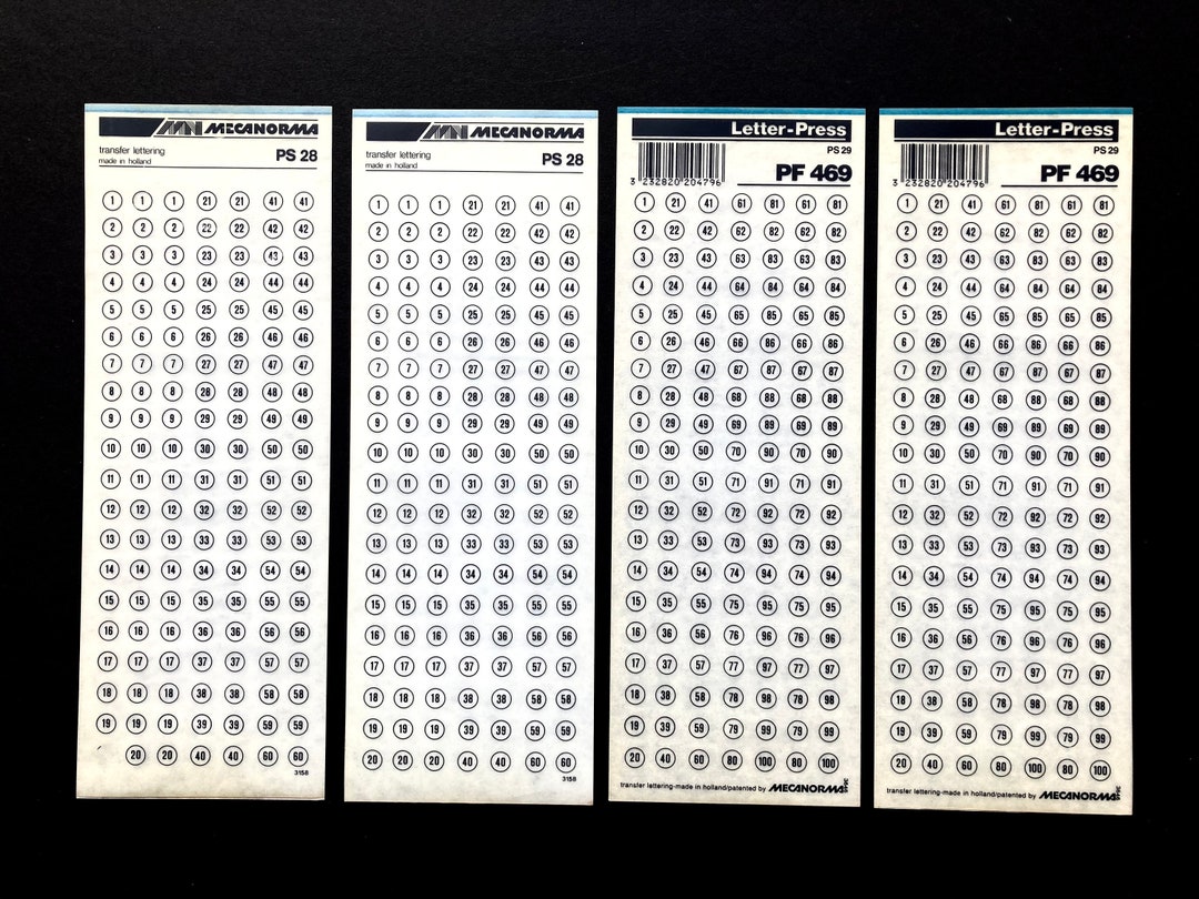 4 Dry Transfer Sheets With Numbers in Circles, Symbols for Bingo ...