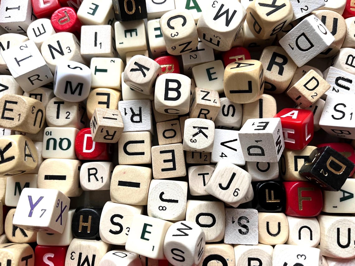 25 Letter Dice, Wooden Word Game Pieces, Vintage Dice, Wooden Cubes ...