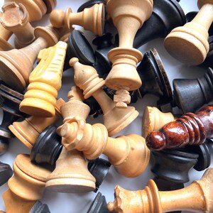 30 Vintage Chess Pieces, Wooden Chess Mix, Black and White Pawns ...