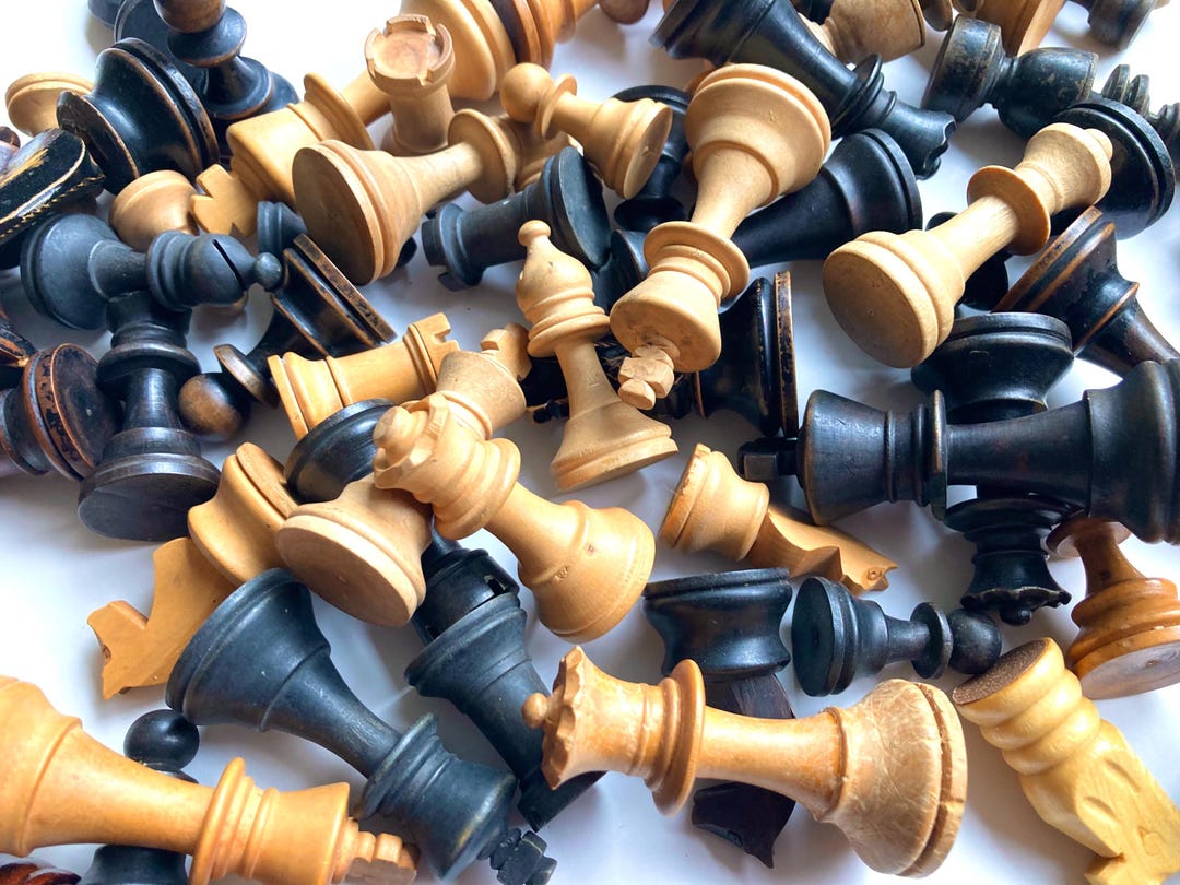 30 Vintage Chess Pieces, Wooden Chess Mix, Black and White Pawns ...