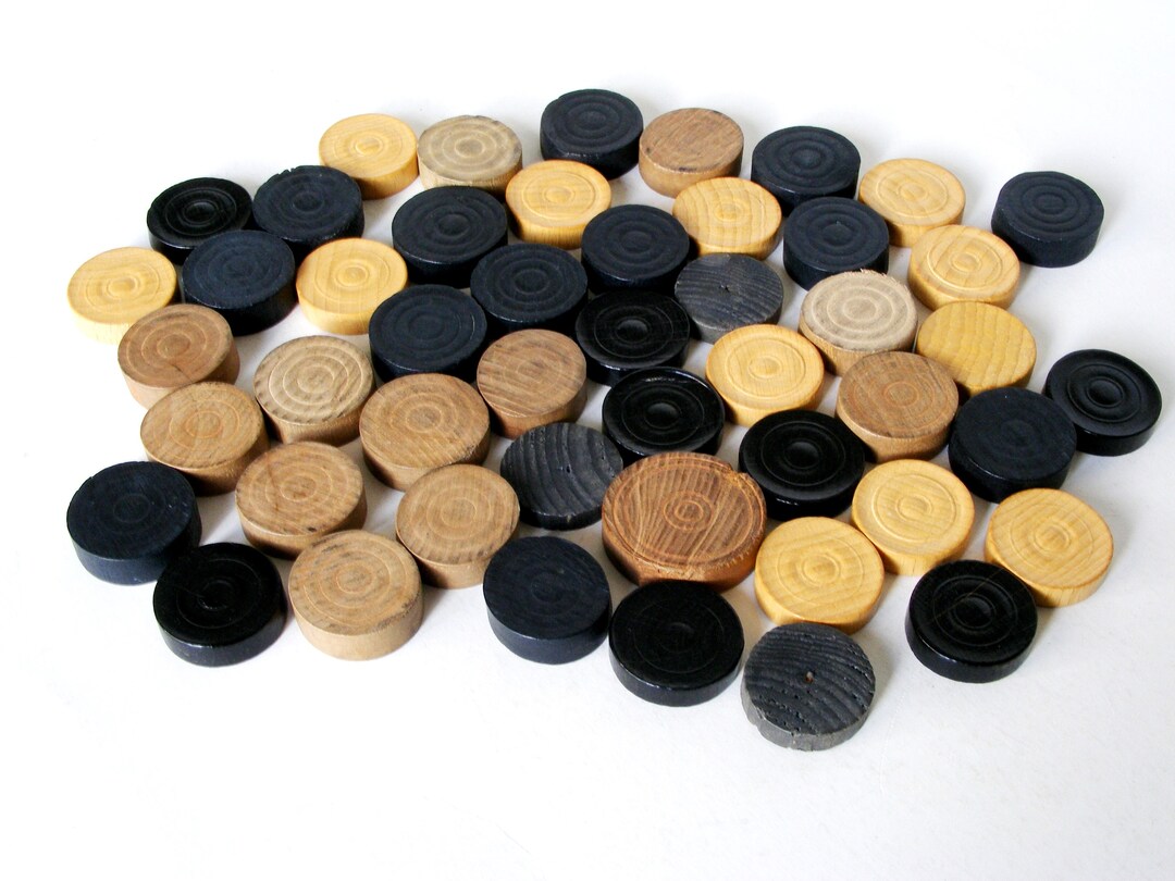 50 Vintage Wooden Discs, Checker Game Pieces, Checkers, Black and White ...