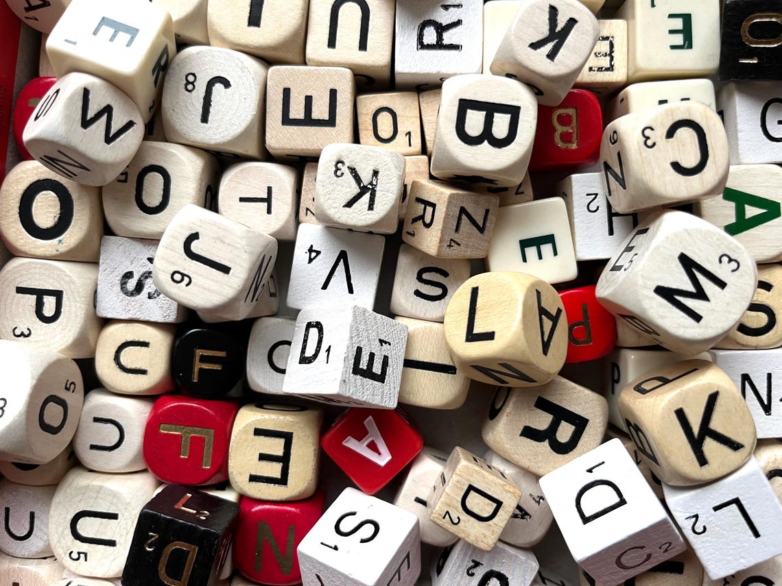 25 Letter Dice, Wooden Word Game Pieces, Vintage Dice, Wooden Cubes ...