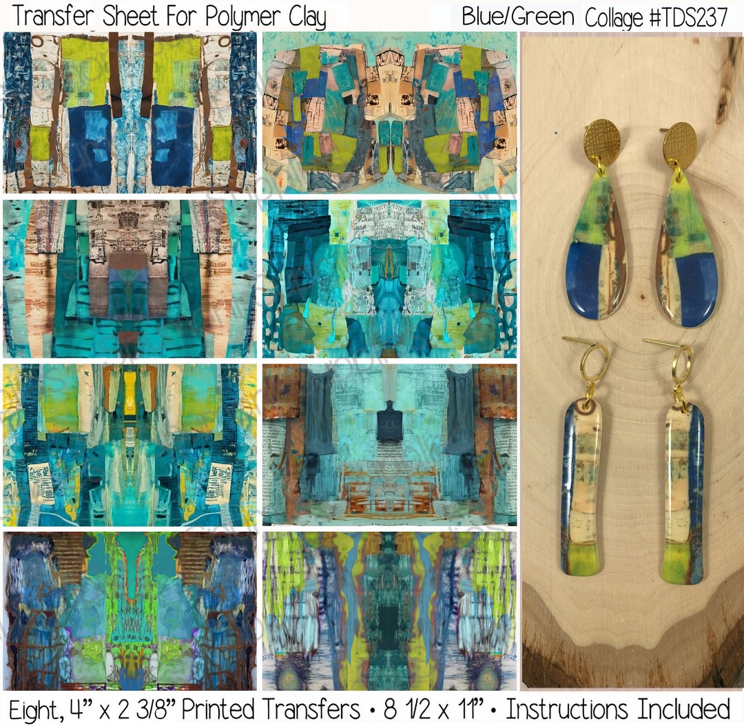 Polymer Clay Image TRANSFERS Blue/green Collage No Rinsing Earrings ...