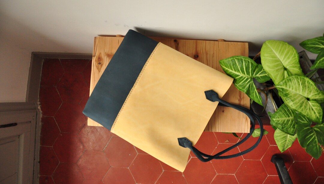 Simple Leather Two-tone Tote Bag / Leather Bag / Leather Purse ...