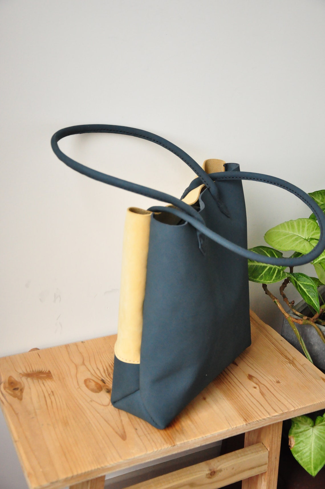 Simple Leather Two-tone Tote Bag / Leather Bag / Leather Purse | Etsy