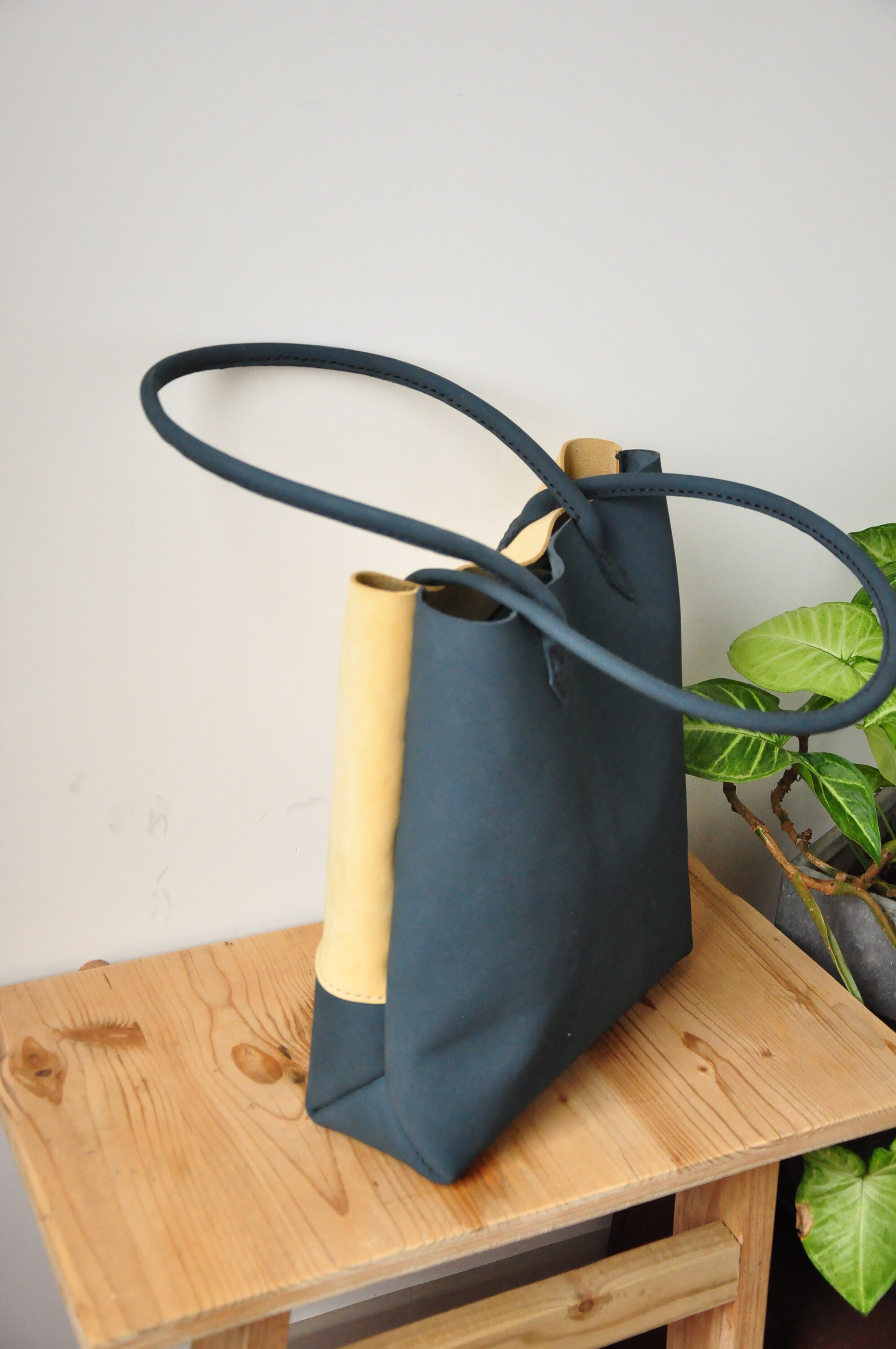 Simple Leather Two-tone Tote Bag / Leather Bag / Leather Purse | Etsy