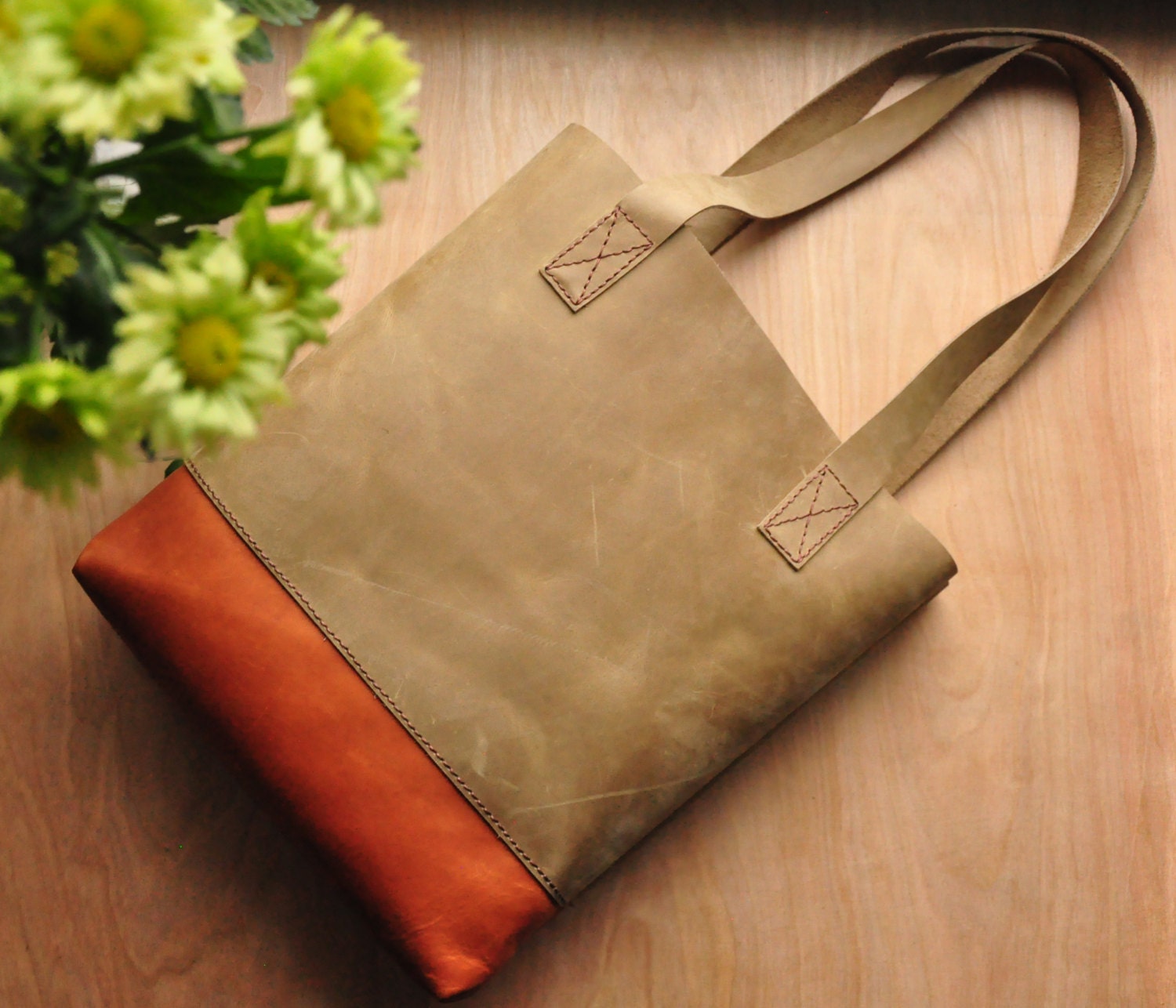 Simple Leather Two-tone Tote Bag / Leather Bag / Leather Purse ...