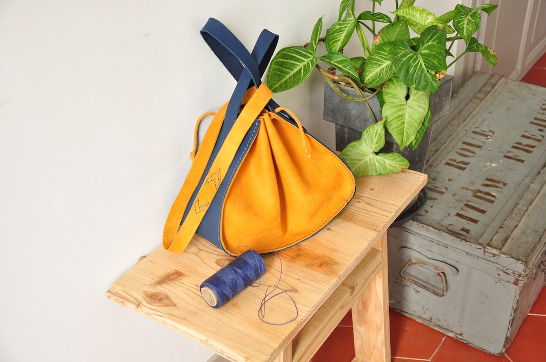 Simple Leather Tote Bag / Yellow Leather Bag / Blue Leather Purse ...