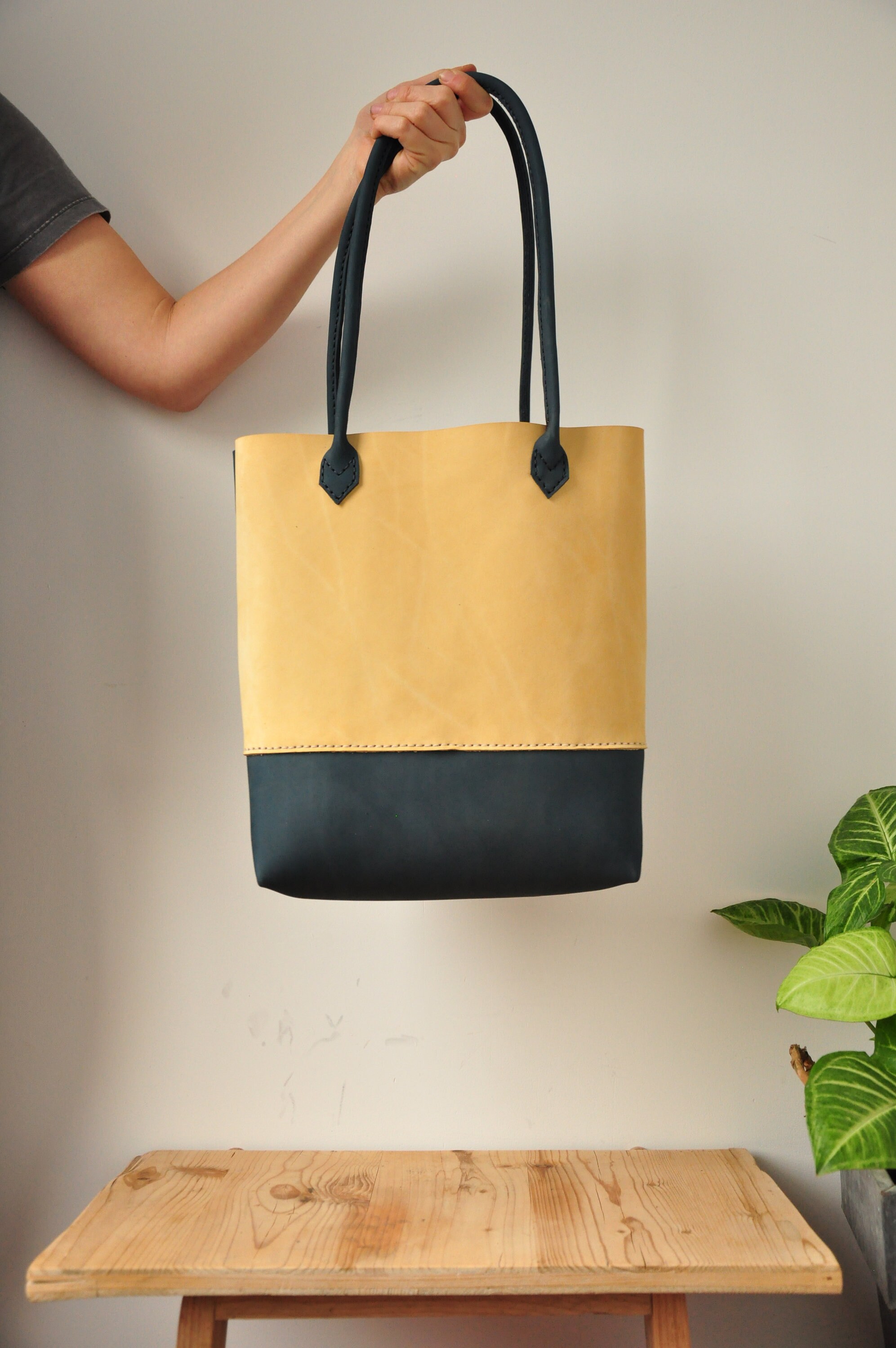 Simple Leather Two-tone Tote Bag / Leather Bag / Leather Purse | Etsy
