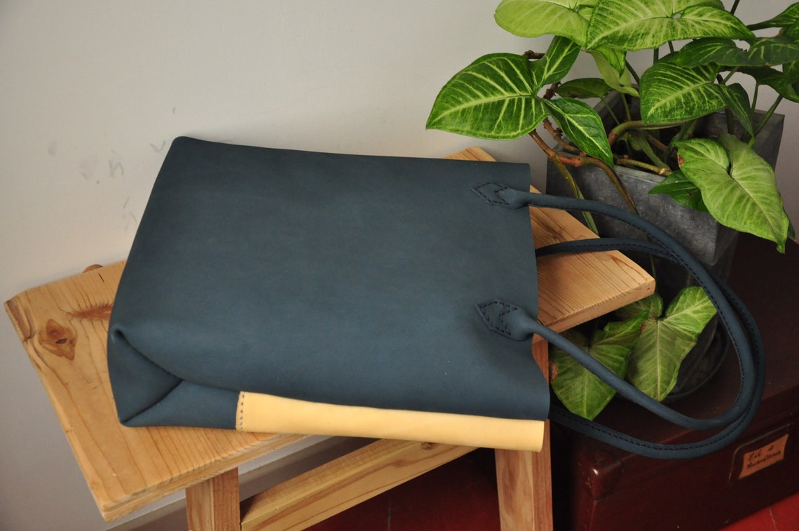 Simple Leather Two-tone Tote Bag / Leather Bag / Leather Purse - Etsy