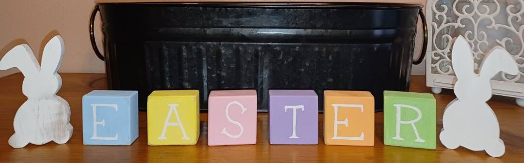 Handpainted Wooden Easter Blocks With Bunnies Shelf Sitter Fireplace ...
