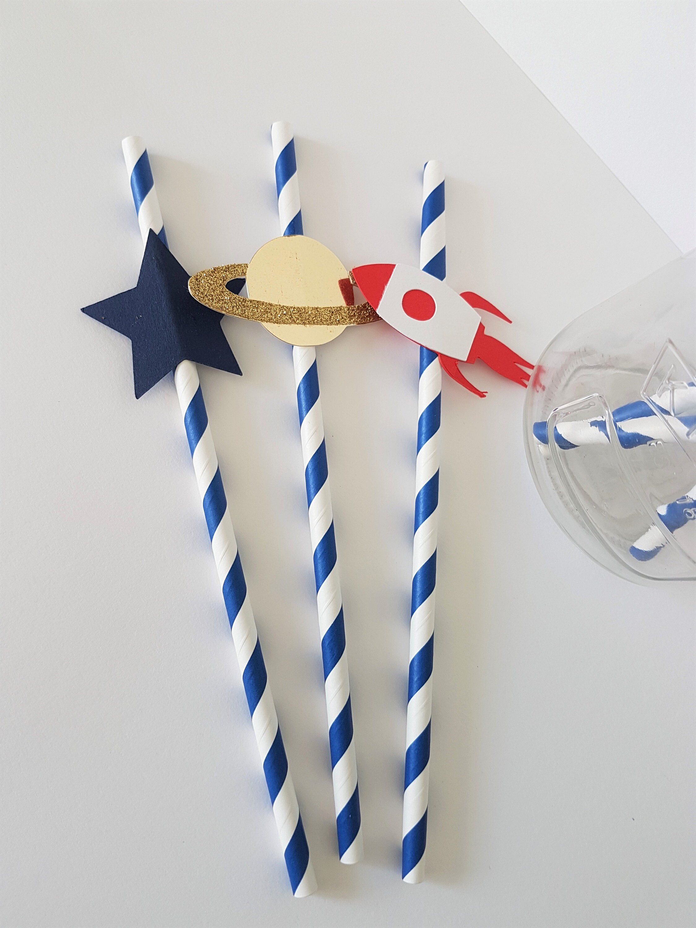 Space rocket straws. Blue and white stripe rocket planet and | Etsy