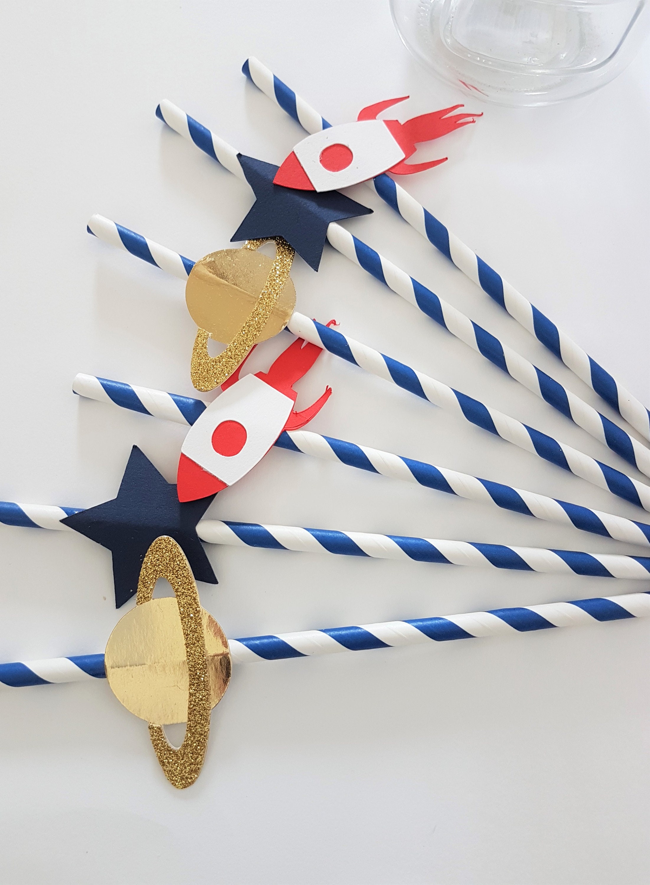 Space rocket straws. Blue and white stripe rocket planet and | Etsy
