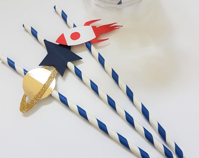 Space Rocket Straws. Blue and White Stripe Rocket Planet and - Etsy UK