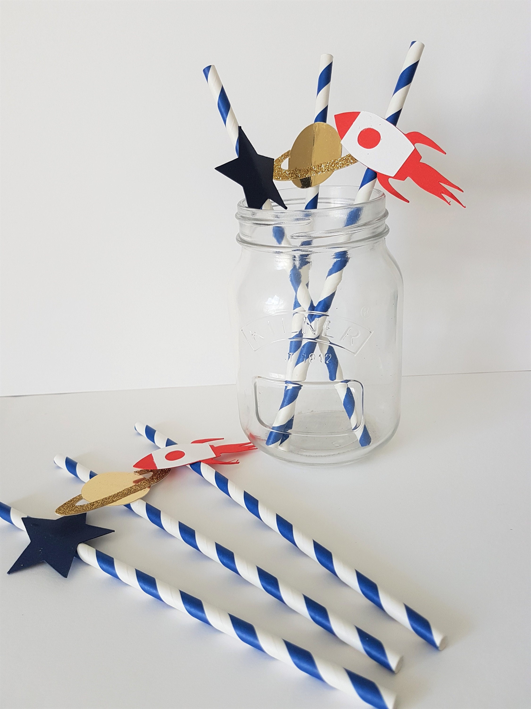Space rocket straws. Blue and white stripe rocket planet and | Etsy