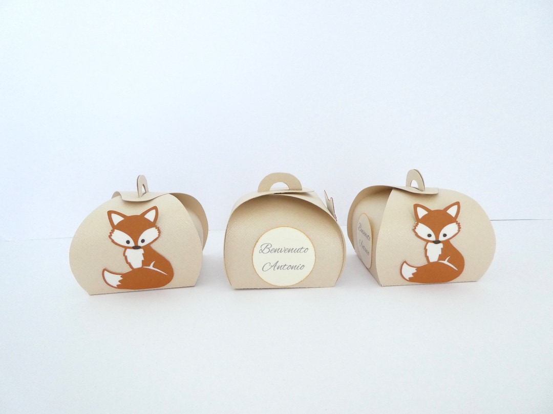 Boîte à dragées à poignées, beige avec renard roux pour baptême ...