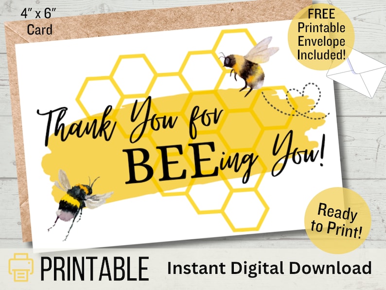 Printable Bumble Bee Thank You Card With Envelope, Digital Instant ...