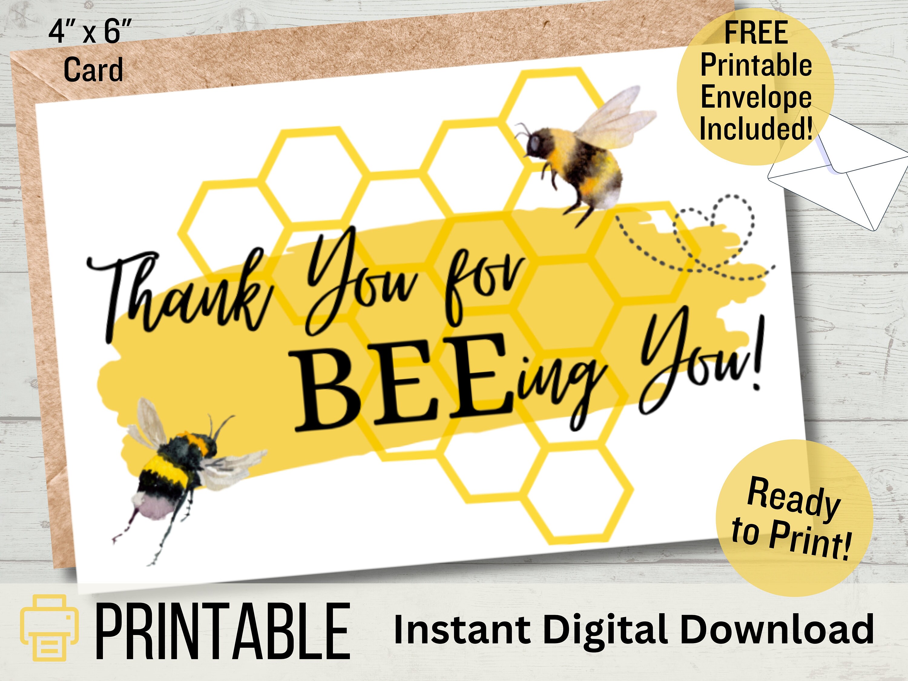 Printable Bumble Bee Thank You Card With Envelope, Digital Instant ...