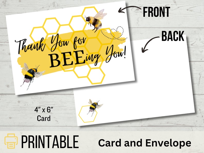 Printable Bumble Bee Thank You Card With Envelope, Digital Instant ...