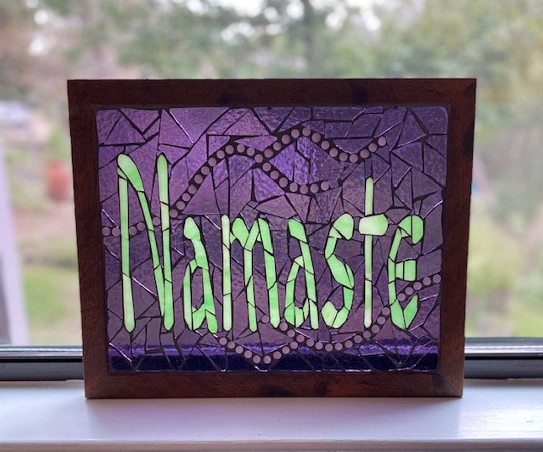 Stained Glass Mosaic, Framed Mosaic, Namaste, Yoga, Glass on Glass, One ...