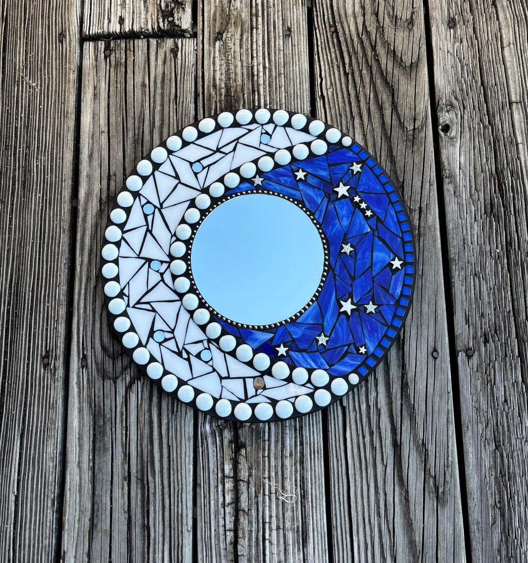 Celestial Stained Glass Mirror, 14" Round Mosaic Mirror, Mixed Media ...
