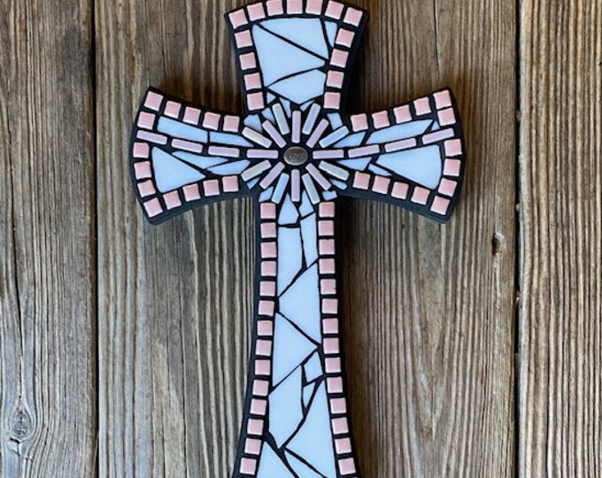 Mosaic Wall Cross, Mixed Media Cross, Religious Cross, Pink and White ...