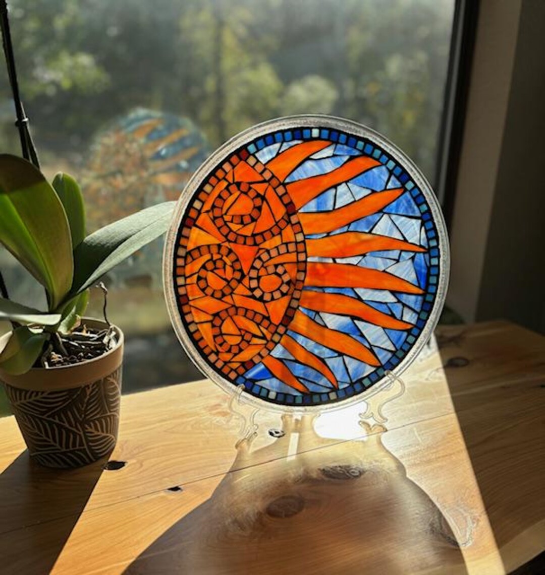 Upcycled Microwave Plate, Stained Glass Mosaic Art, Abstract Sun and ...