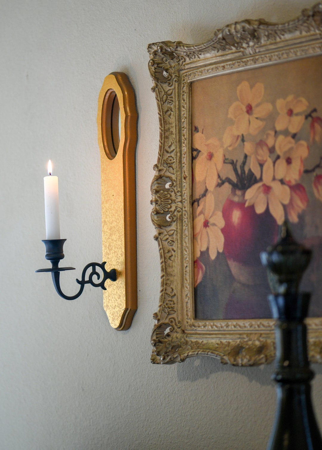 Vintage Mirrored Candle Sconce Pair: Gold & Black Dungeon Decor - Etsy