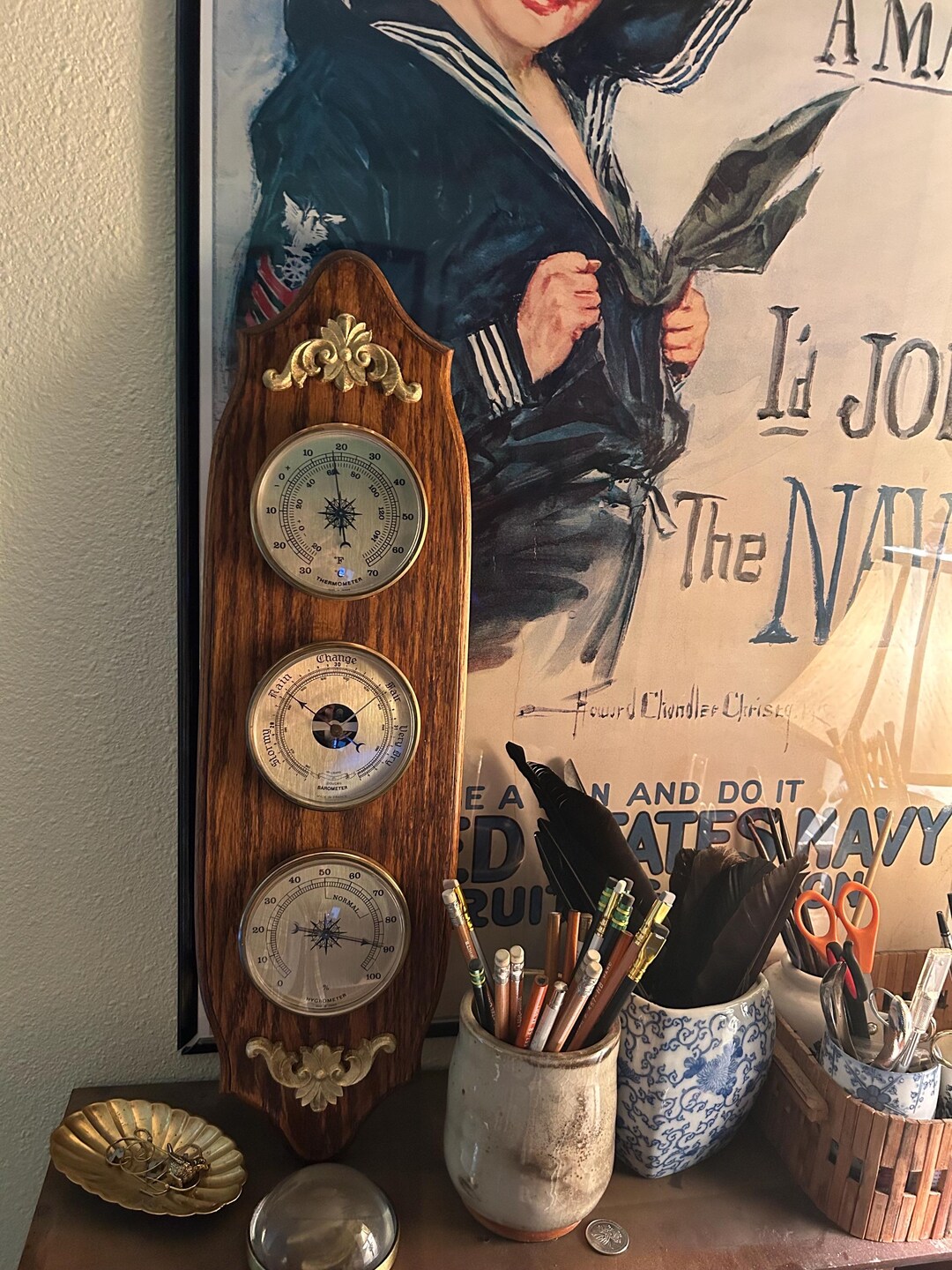 Vintage MCM Weather Station, Wood and Brass Weather Station, Vintage ...