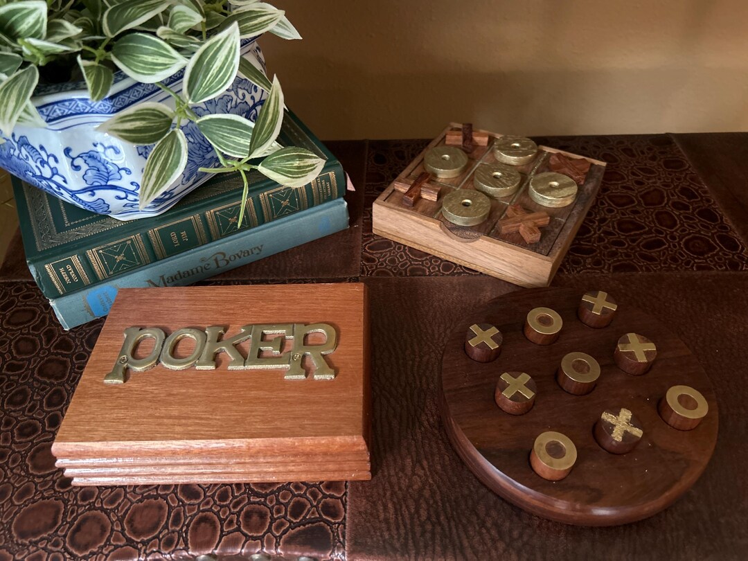 Vintage Wood Game Set: Brass Tic Tac Toe, Poker Card Box - Etsy