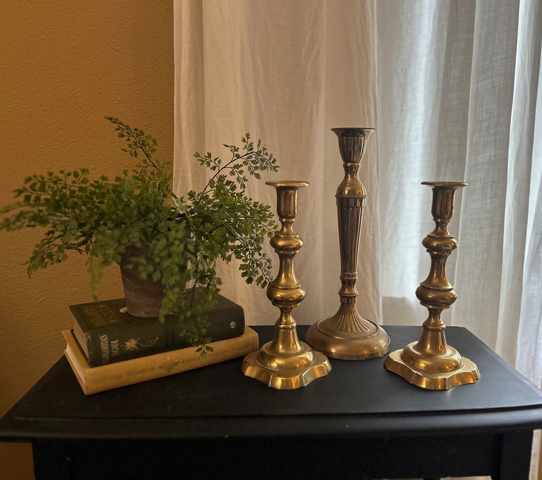 Large Solid Brass Vintage Candleholders, Curated Set of Brass ...