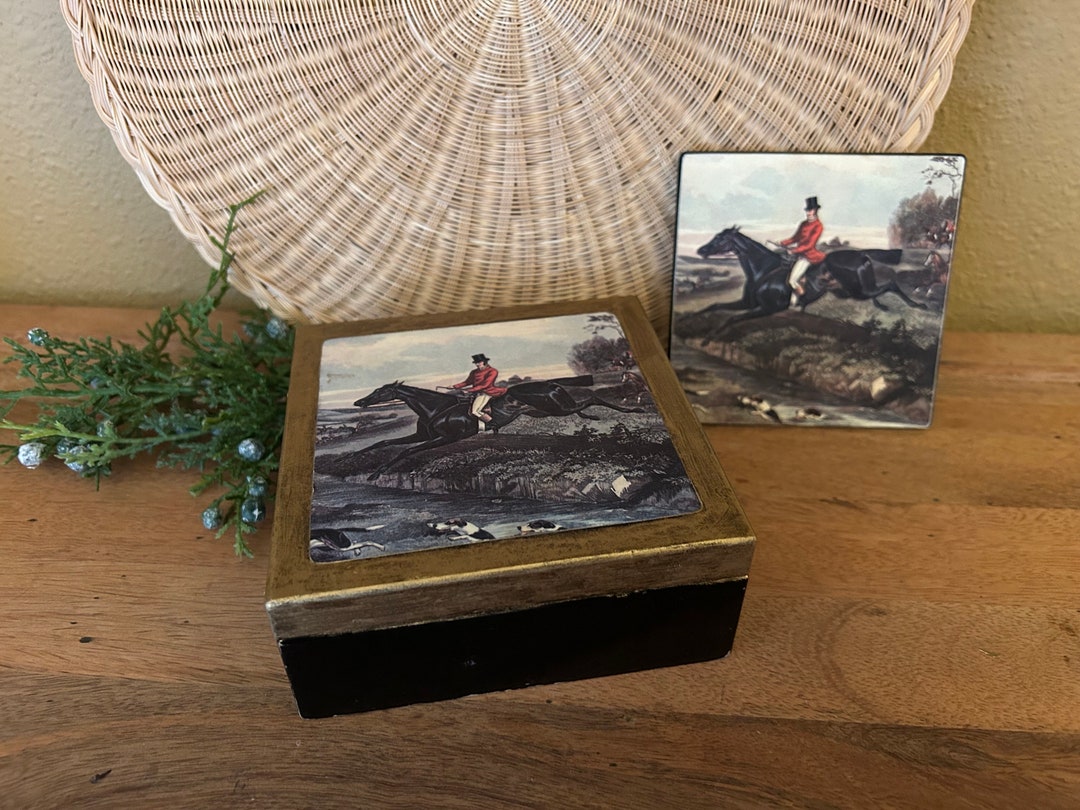 Vintage Coaster Set, Equestrian Art, Set of 4, Vintage Cork, Vintage ...
