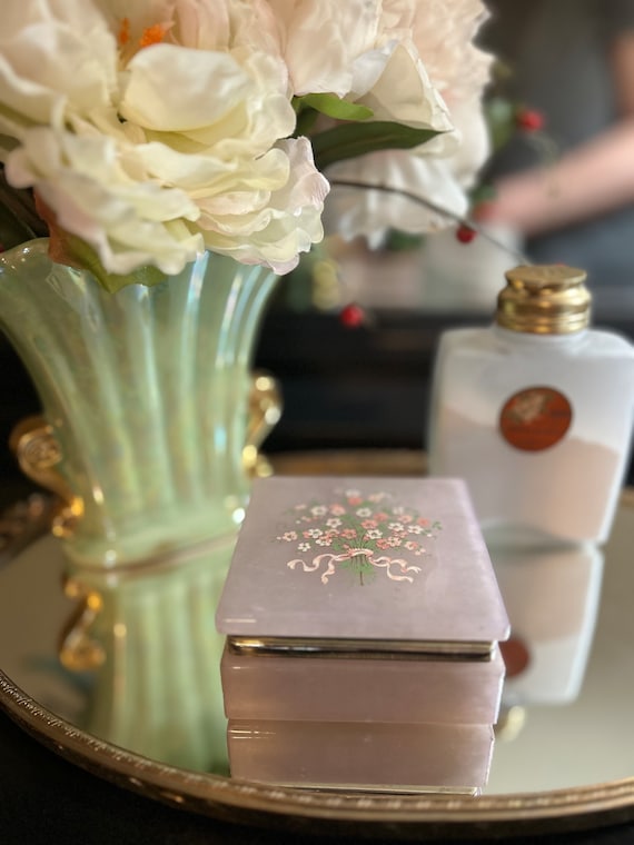 Vintage Pink alabaster trinket box, Pink floral jewel… - Gem