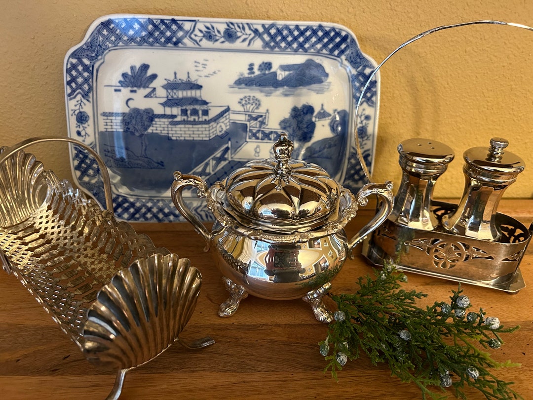 Vintage Silver Plated Serving Set: Sugar Bowl, Salt & Pepper, Macaron ...