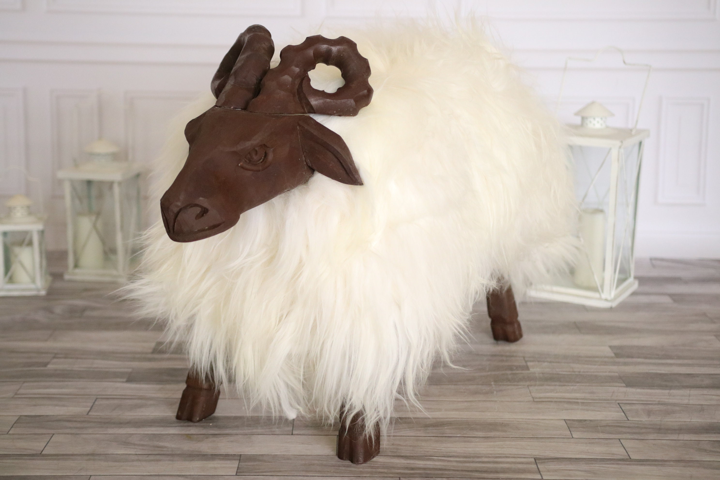 Sheepskin Bench | Nursery decor | Handmade wooden Sheep bench ...
