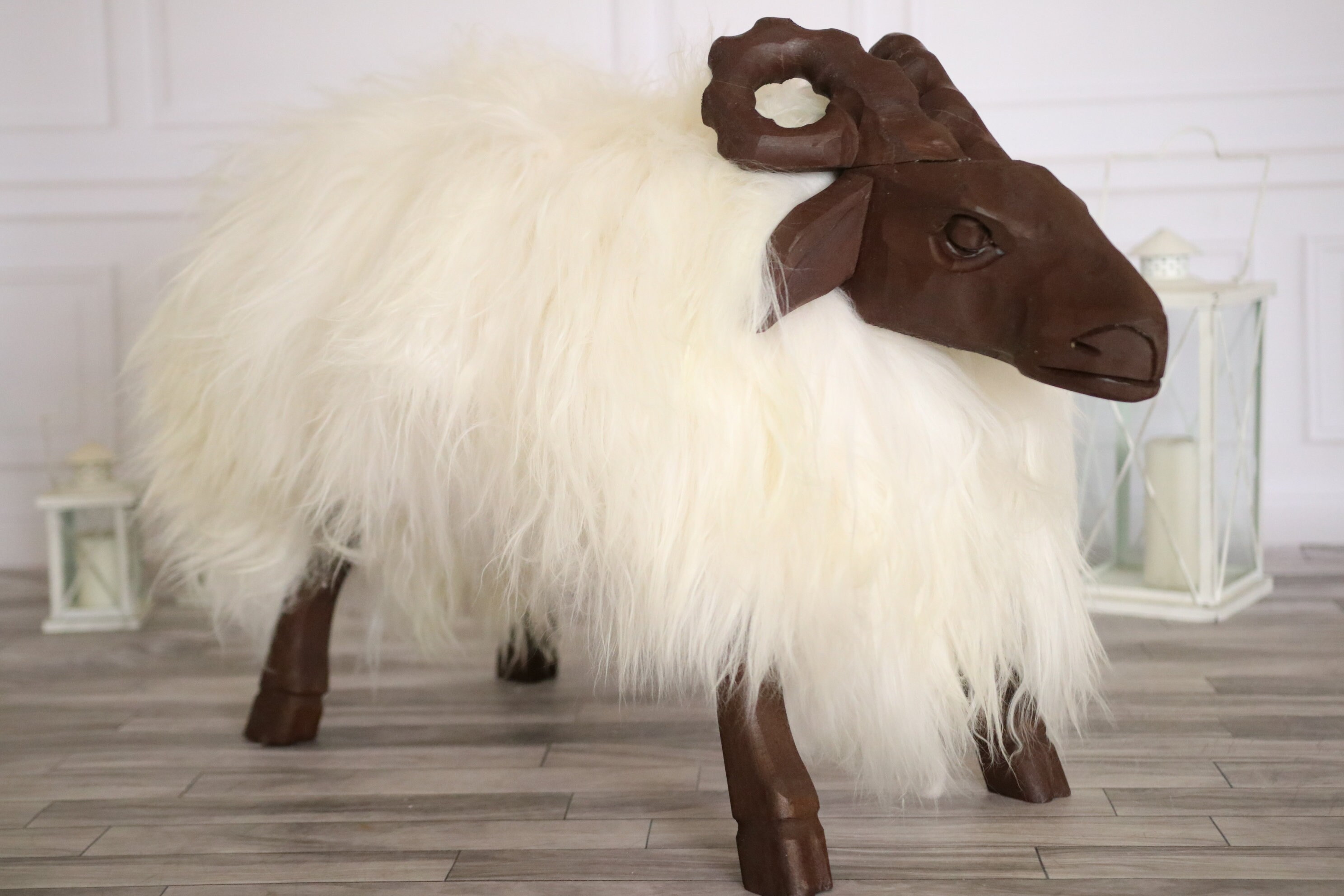 Sheepskin Bench | Nursery decor | Handmade wooden Sheep bench ...