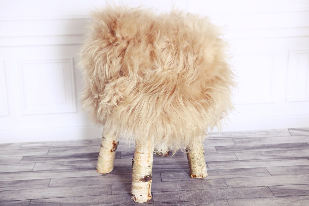 Wood Stool | Champagne Fur Stool | Sheepskin Pouf | Icelandic Sheepskin ...