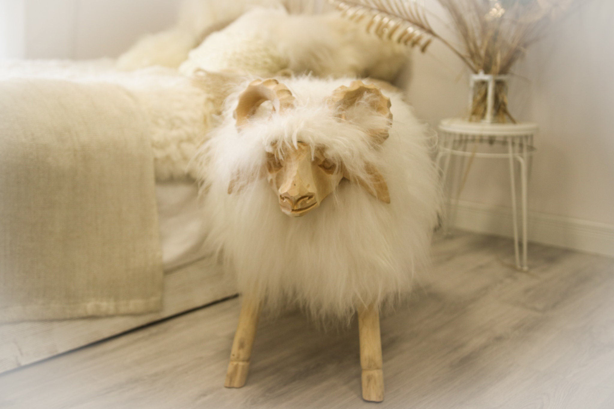 Sheepskin Bench | Nursery decor | Handmade wooden Sheep bench ...